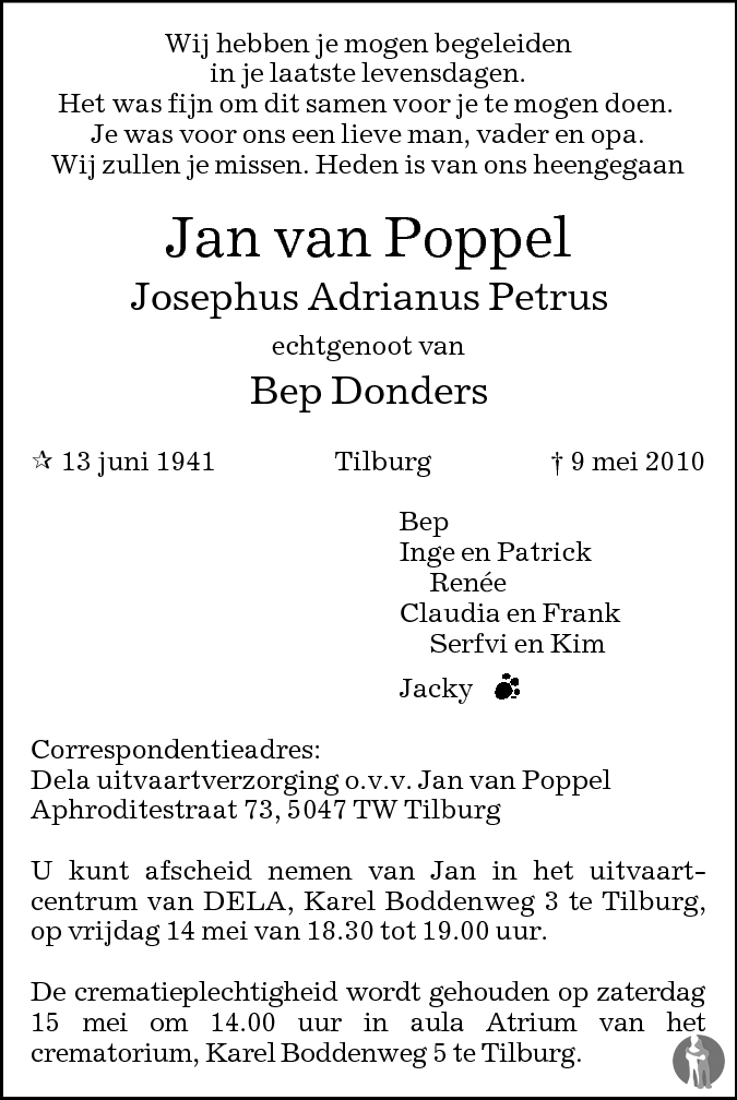 Josephus Adrianus Petrus (Jan) van Poppel 09-05-2010 overlijdensbericht ...