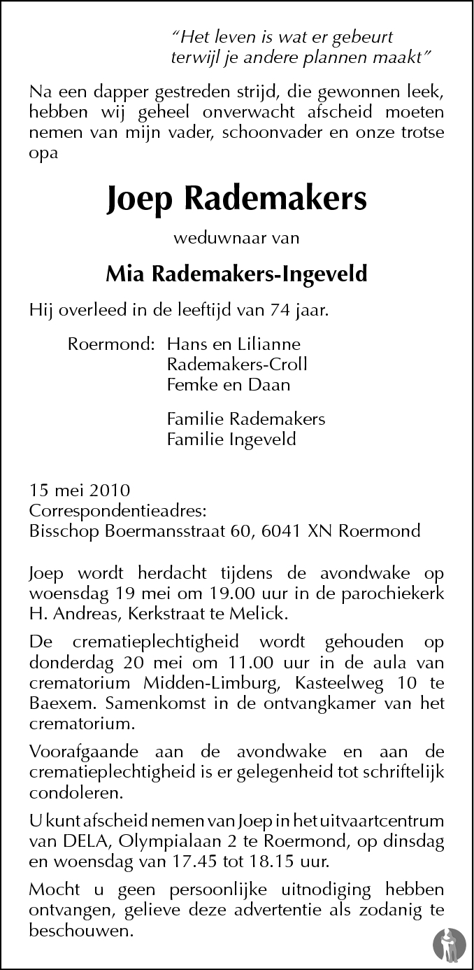 Joep Rademakers 15-05-2010 overlijdensbericht en condoleances ...