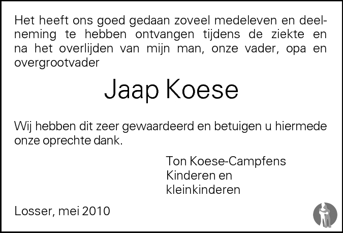 Jacob Marinus (Jaap) Koese 22-04-2010 overlijdensbericht en ...