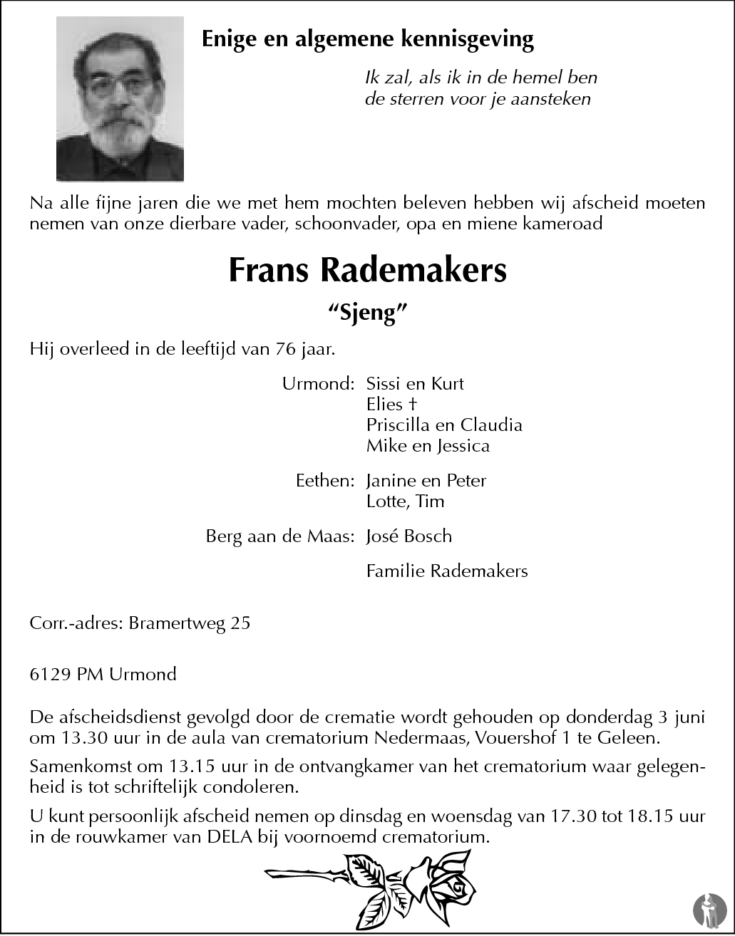 Frans (Sjeng) Rademakers 30-05-2010 overlijdensbericht en condoleances ...