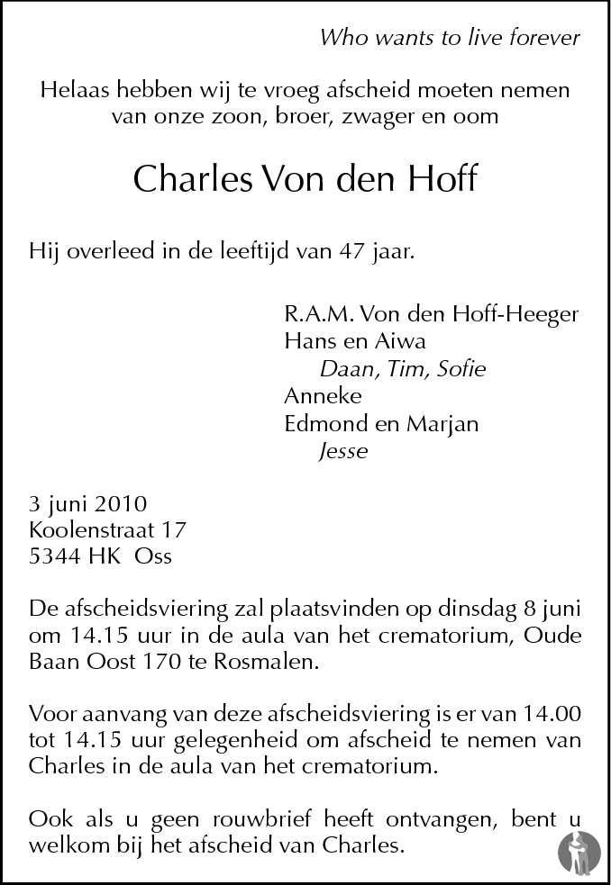 Charles Von den Hoff 03-06-2010 overlijdensbericht en condoleances ...