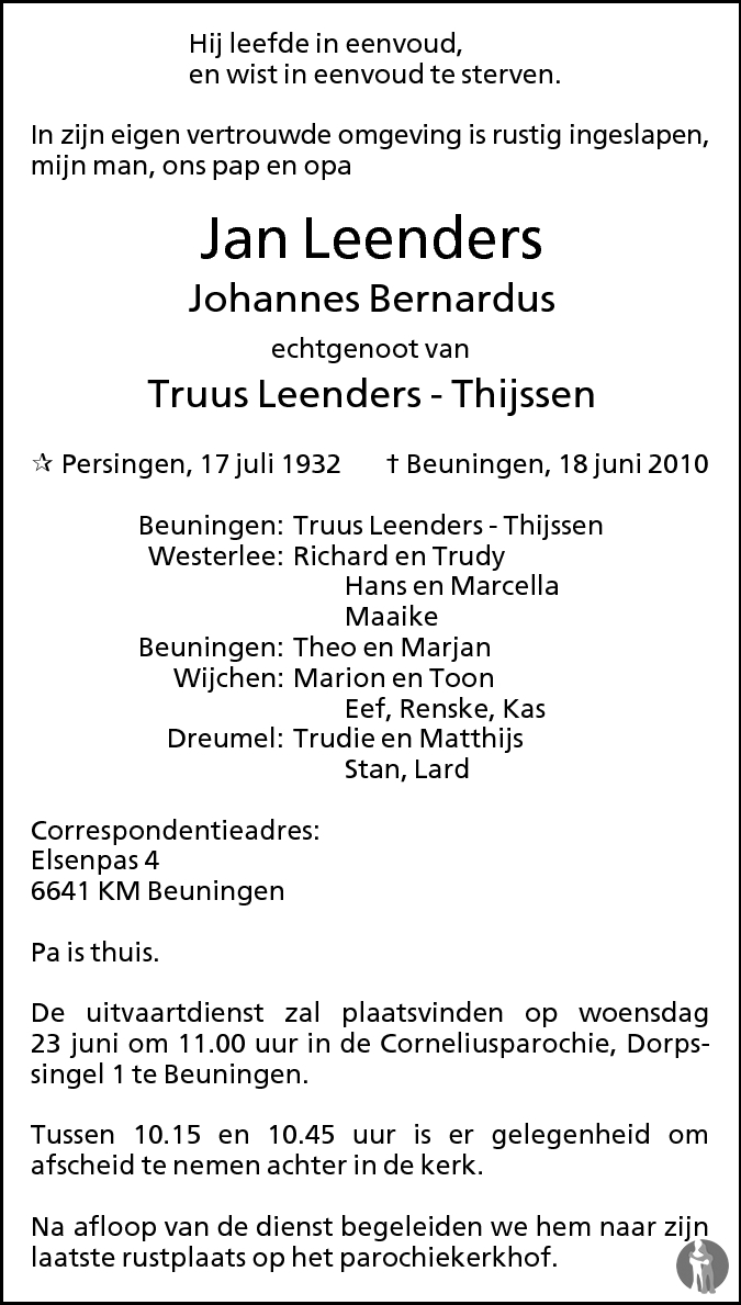 Johannes Bernardus (Jan) Leenders 18-06-2010 overlijdensbericht en condoleances - Mensenlinq.nl