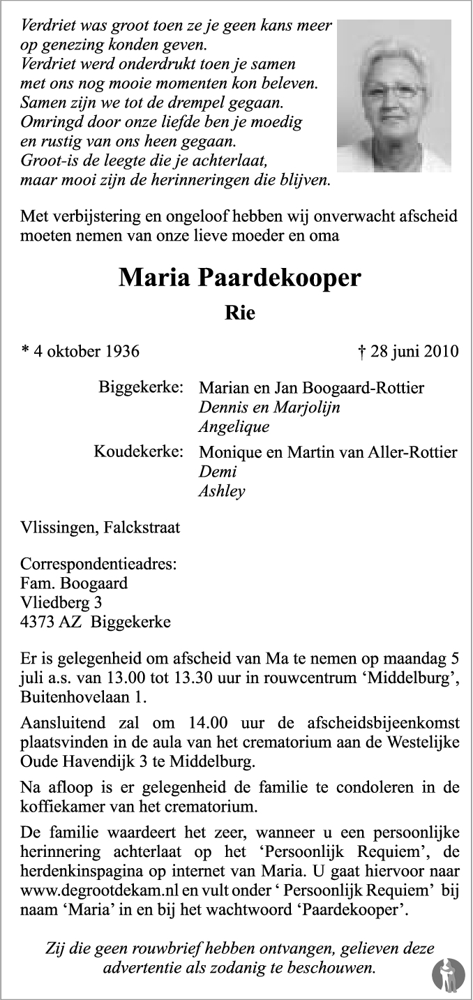 Maria (Rie) Paardekooper 28-06-2010 overlijdensbericht en condoleances ...