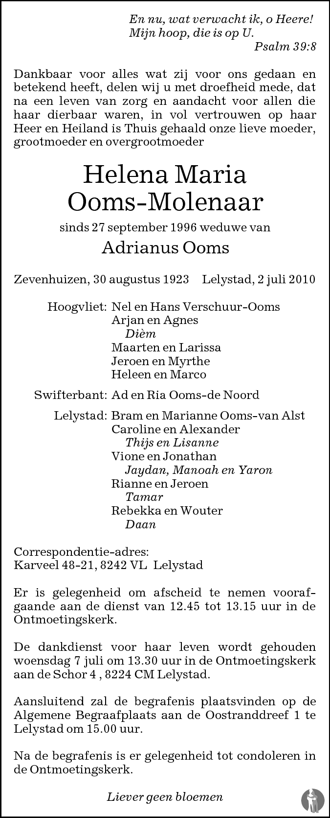 Helena Maria Ooms - Molenaar 02-07-2010 overlijdensbericht en ...