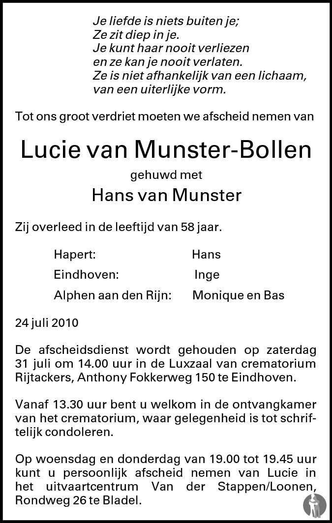 Lucie van Munster - Bollen 24-07-2010 overlijdensbericht en ...