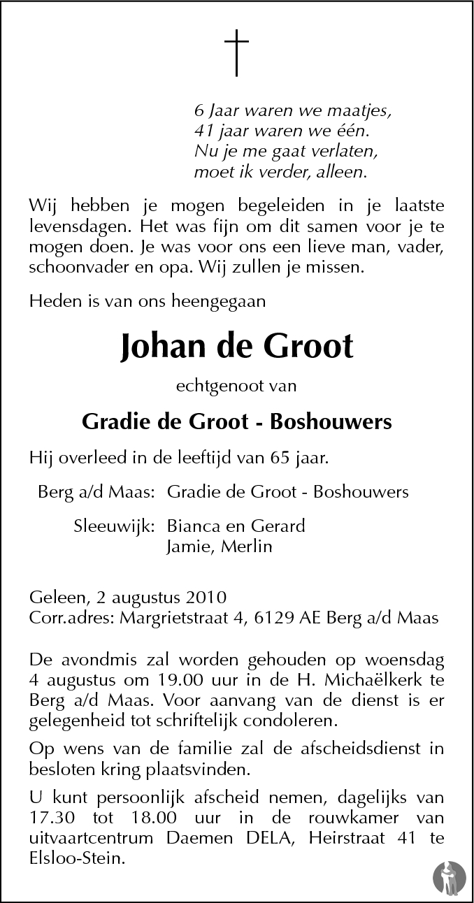 Johan de Groot 02-08-2010 overlijdensbericht en condoleances ...
