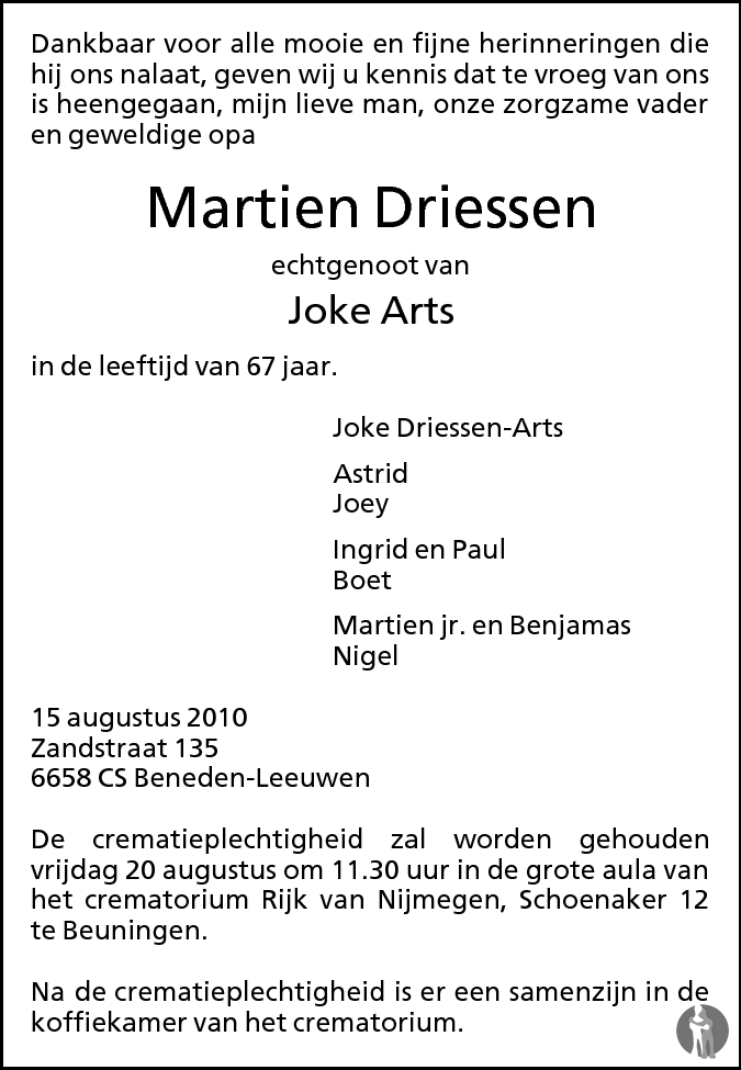 Martien Driessen 15-08-2010 overlijdensbericht en condoleances ...