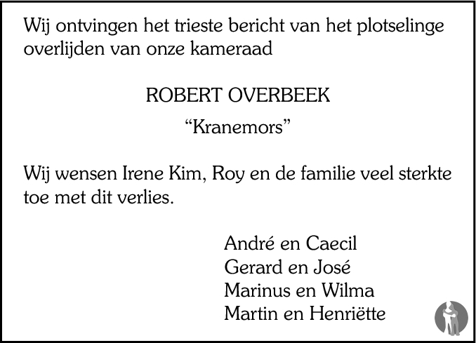 Robert Overbeek 20-08-2010 overlijdensbericht en condoleances ...