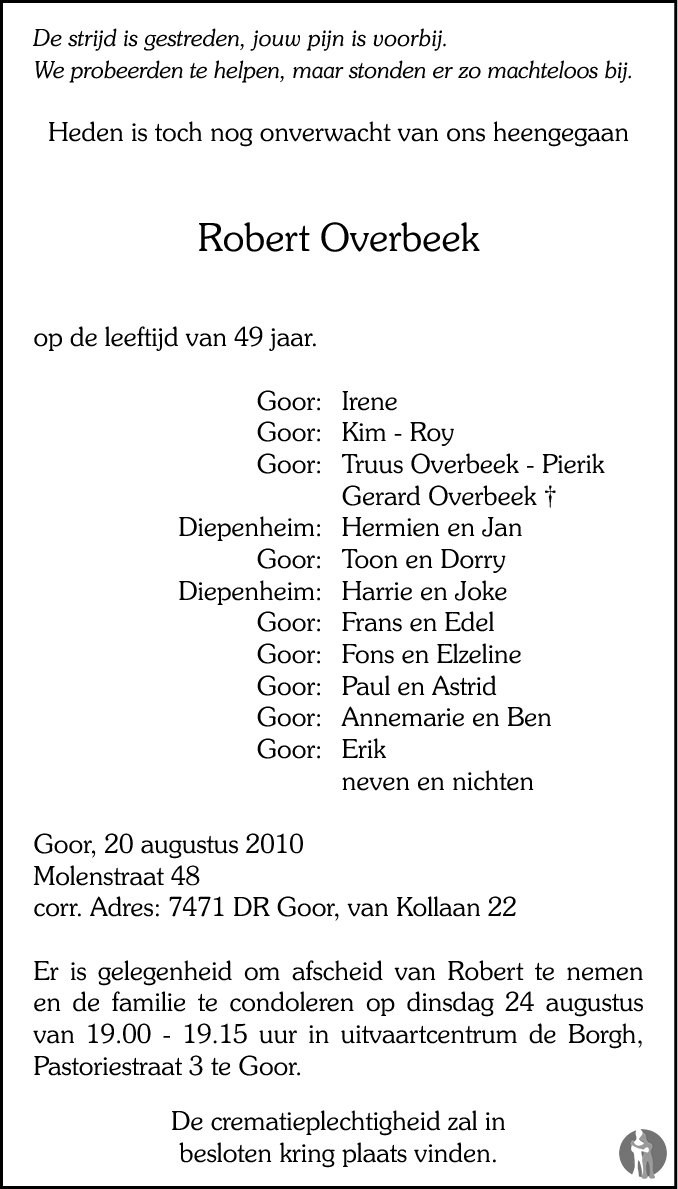 Robert Overbeek 20-08-2010 overlijdensbericht en condoleances ...