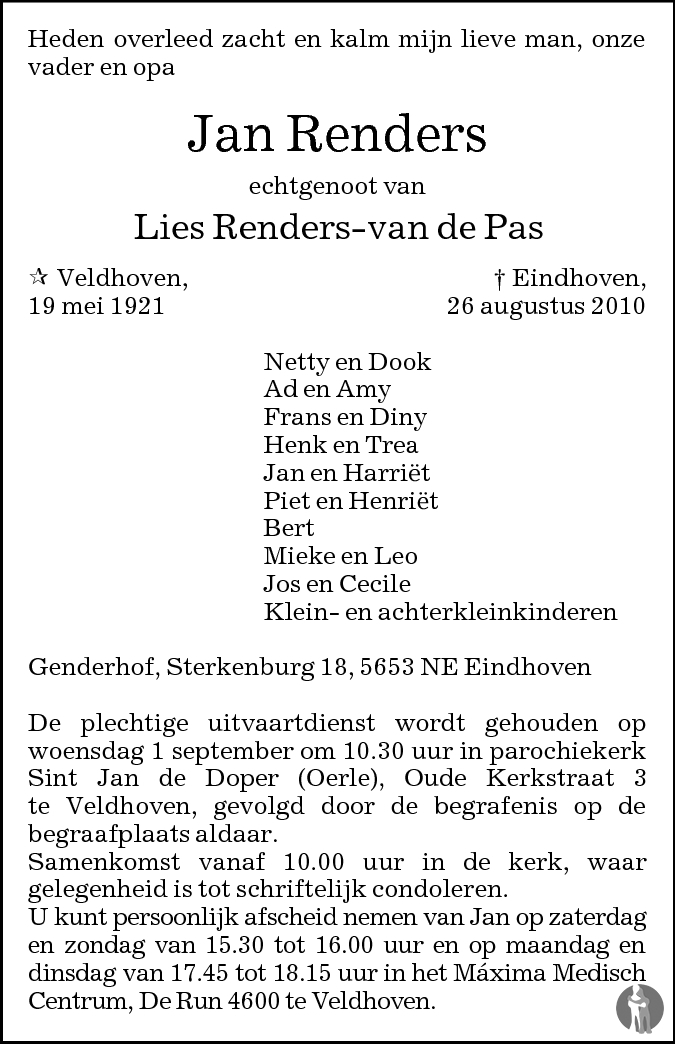 Jan Renders 26-08-2010 overlijdensbericht en condoleances - Mensenlinq.nl