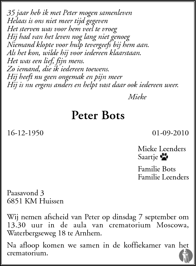 Peter Bots 01-09-2010 overlijdensbericht en condoleances - Mensenlinq.nl
