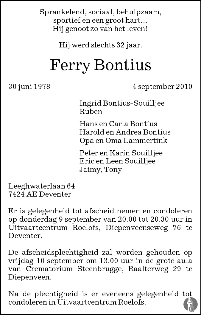 Ferry Bontius 04-09-2010 overlijdensbericht en condoleances - Mensenlinq.nl