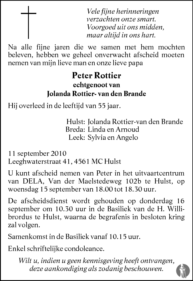 Peter Rottier 11-09-2010 overlijdensbericht en condoleances - Mensenlinq.nl