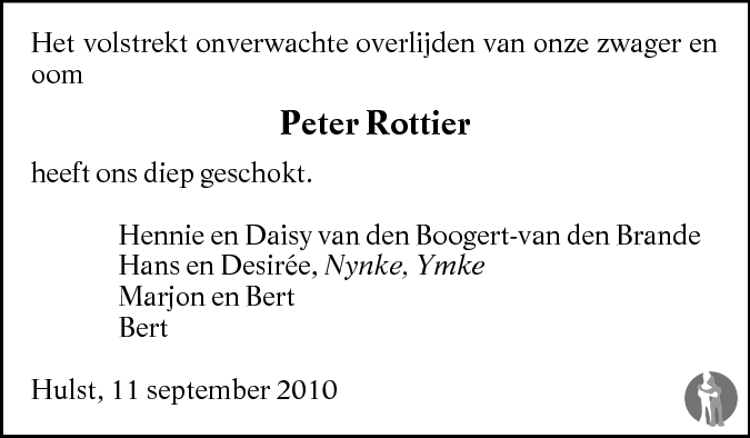 Peter Rottier 11-09-2010 overlijdensbericht en condoleances - Mensenlinq.nl
