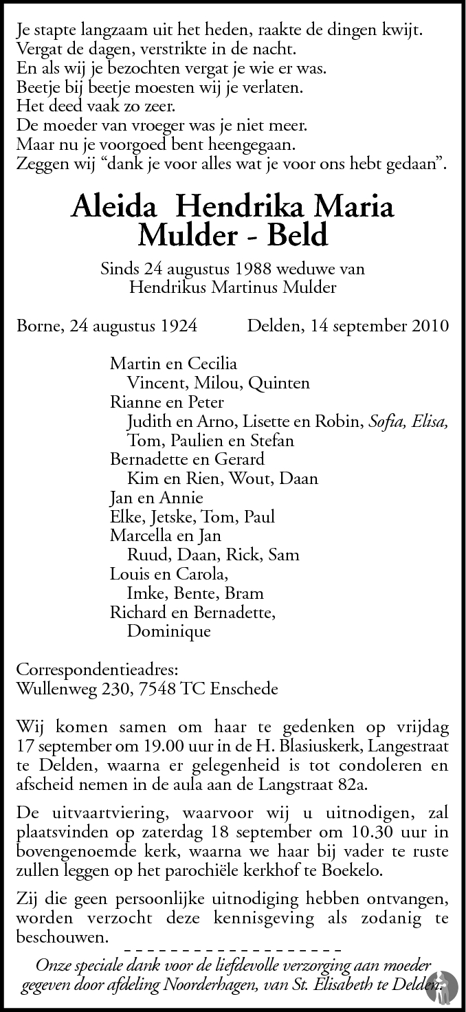 Aleida Hendrika Maria Mulder - Beld 14-09-2010 overlijdensbericht en ...