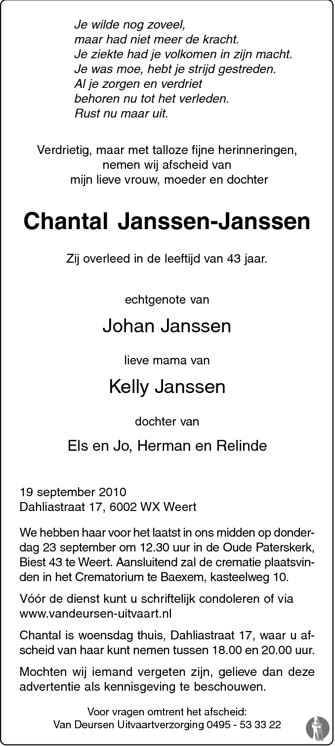 Chantal Janssen - Janssen 19-09-2010 overlijdensbericht en condoleances ...