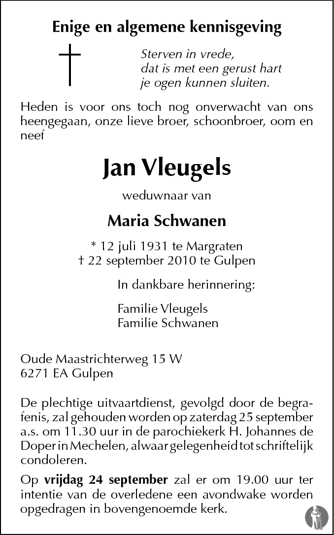 Jan Vleugels 22-09-2010 overlijdensbericht en condoleances - Mensenlinq.nl