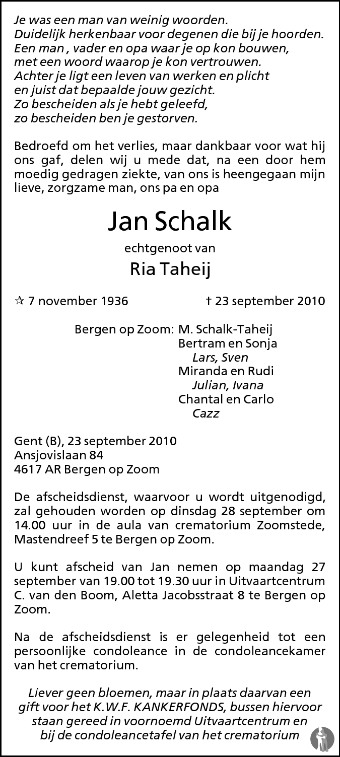 Jan Schalk 23-09-2010 overlijdensbericht en condoleances - Mensenlinq.nl