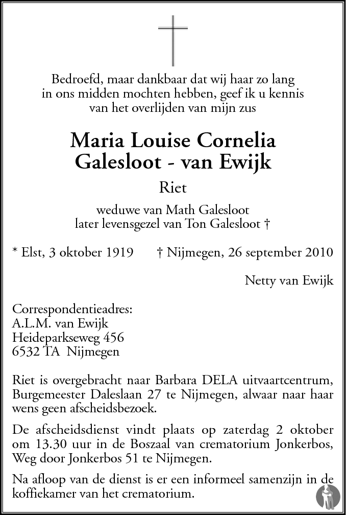 Maria Louise Cornelia (Riet) Galesloot - van Ewijk 26-09-2010 ...