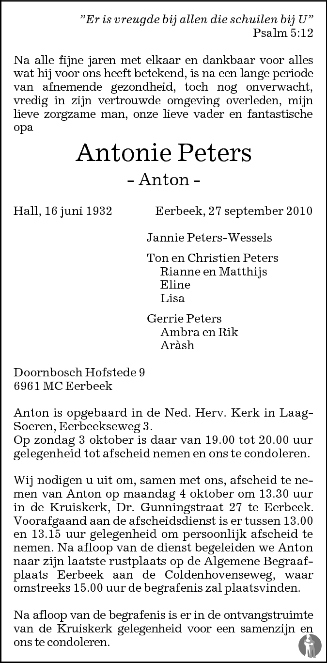 Antonie (Anton) Peters 27-09-2010 overlijdensbericht en condoleances ...