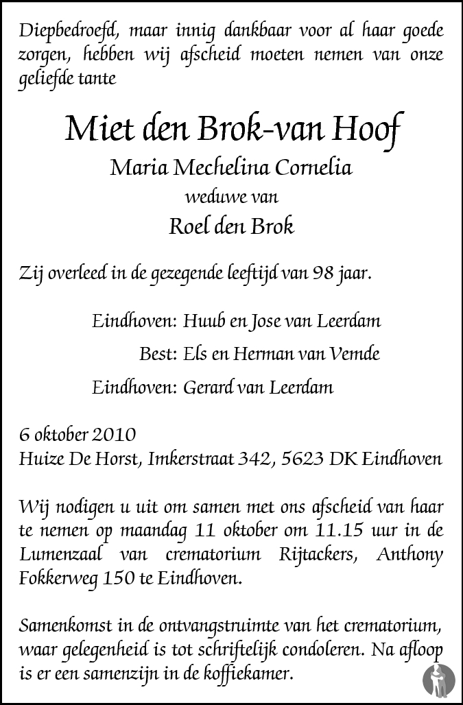 Maria Mechelina Cornelia (Miet) den Brok - van Hoof 06-10-2010 ...