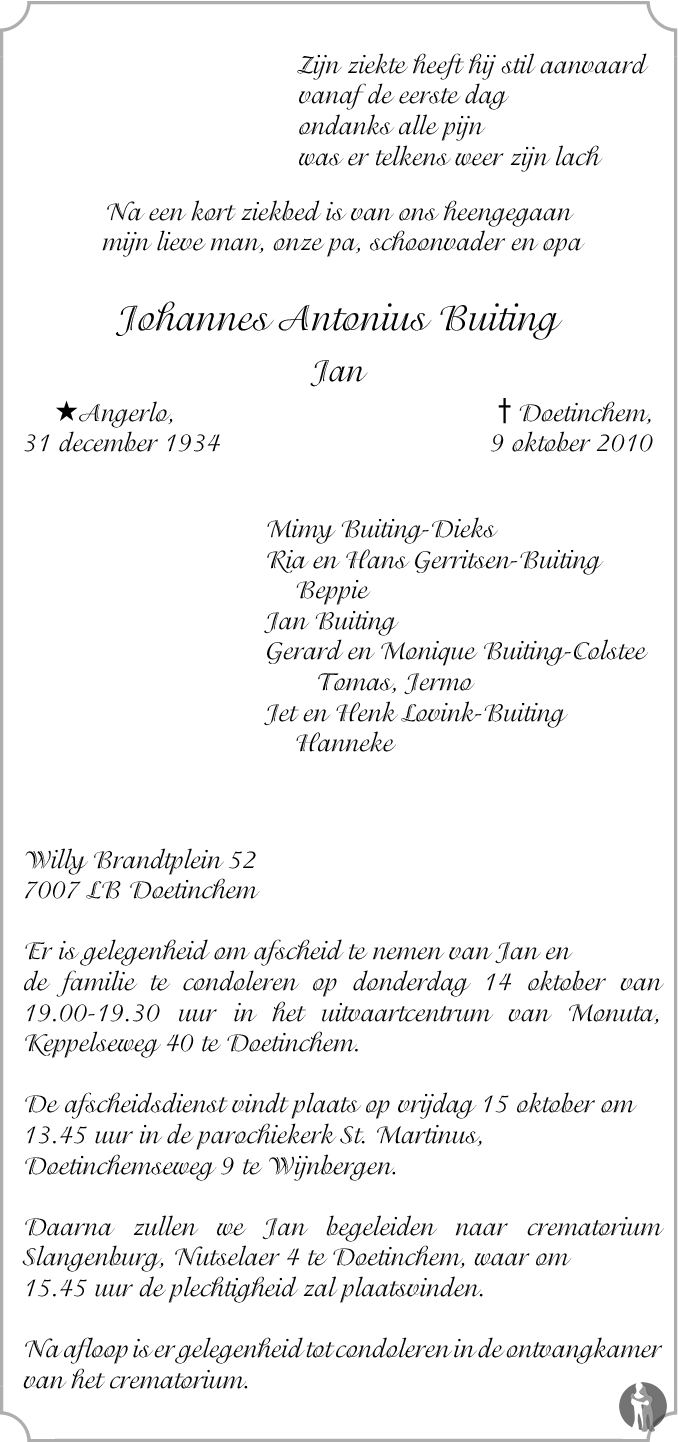 Johannes Antonius (Jan) Buiting 09-10-2010 overlijdensbericht en ...