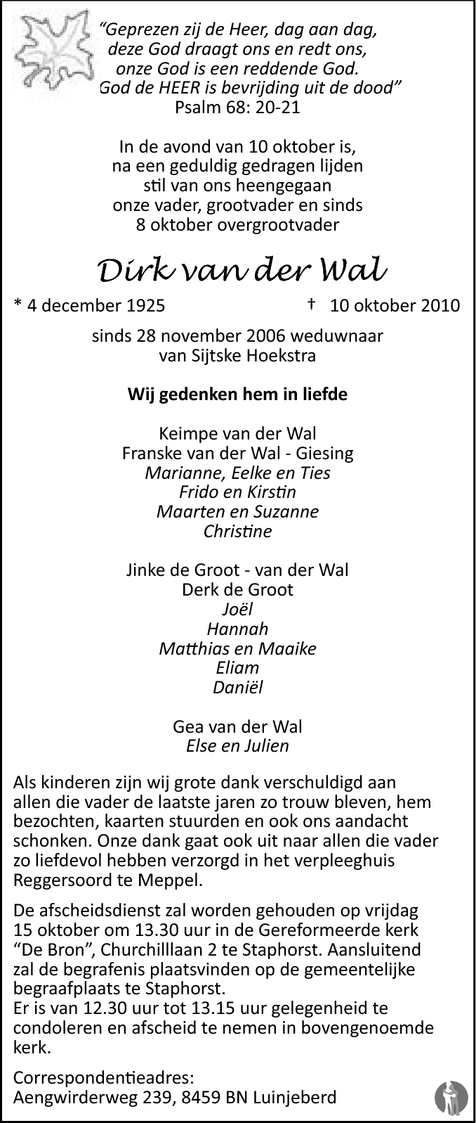 Dirk van der Wal 10-10-2010 overlijdensbericht en condoleances ...