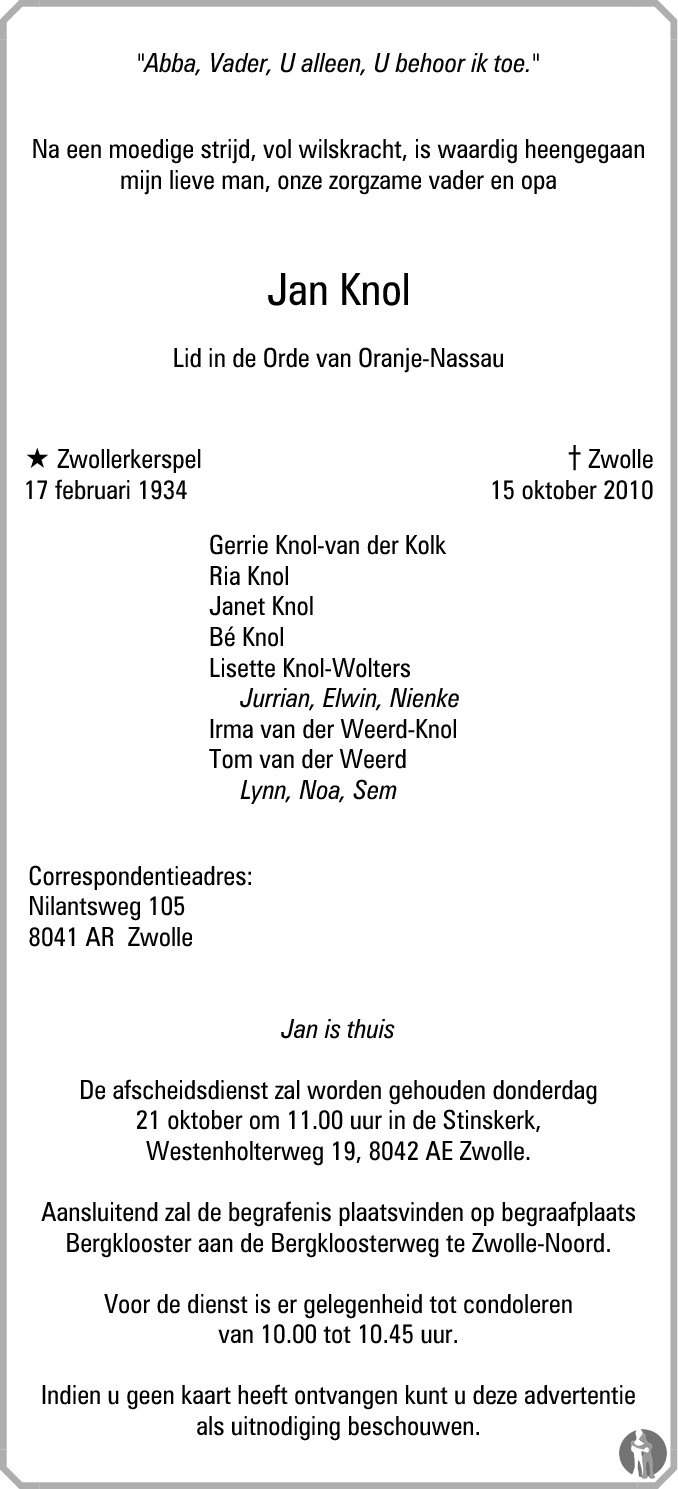 Jan Knol 15-10-2010 overlijdensbericht en condoleances - Mensenlinq.nl