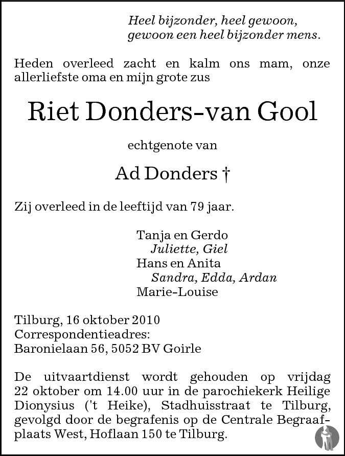 Riet Donders - van Gool 16-10-2010 overlijdensbericht en condoleances ...