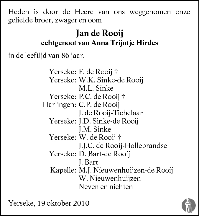 Jan de Rooij 19-10-2010 overlijdensbericht en condoleances - Mensenlinq.nl