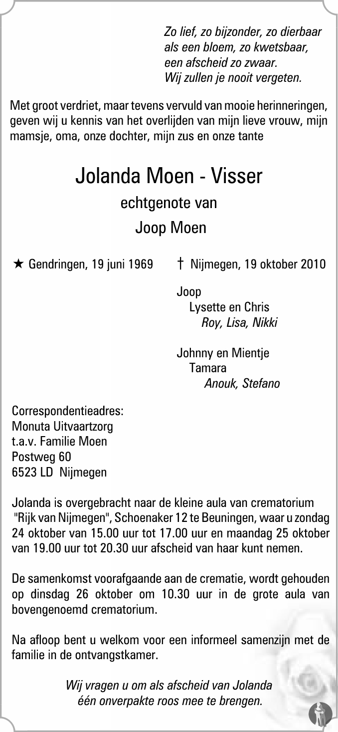 Jolanda Moen - Visser 19-10-2010 overlijdensbericht en condoleances ...