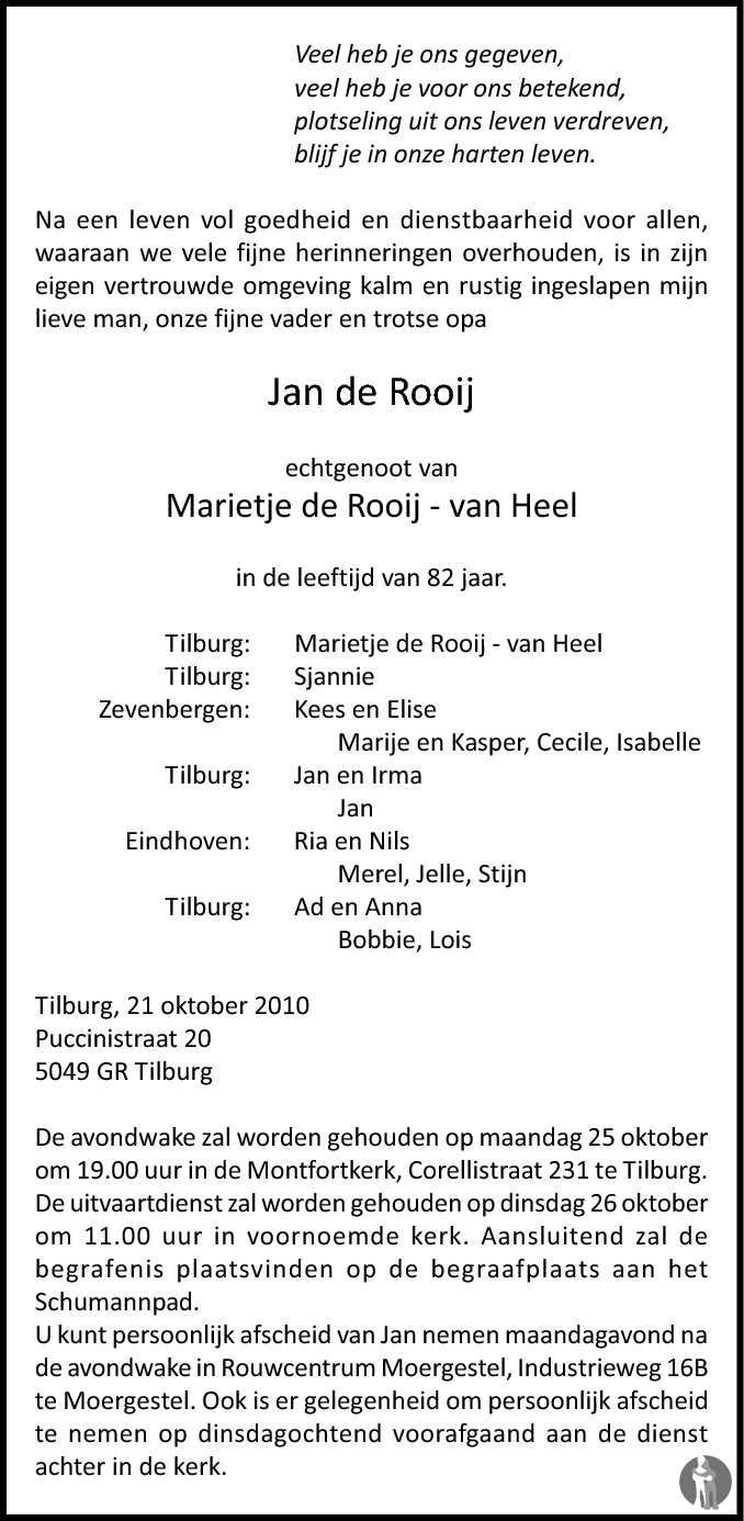 Jan de Rooij 21-10-2010 overlijdensbericht en condoleances - Mensenlinq.nl