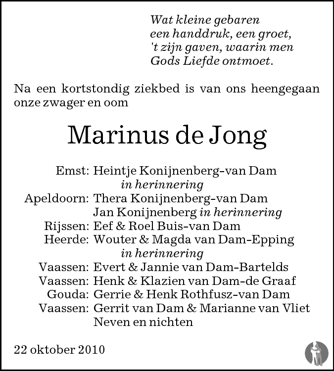 Gerrit Marinus de Jong 22-10-2010 overlijdensbericht en condoleances - Mensenlinq.nl