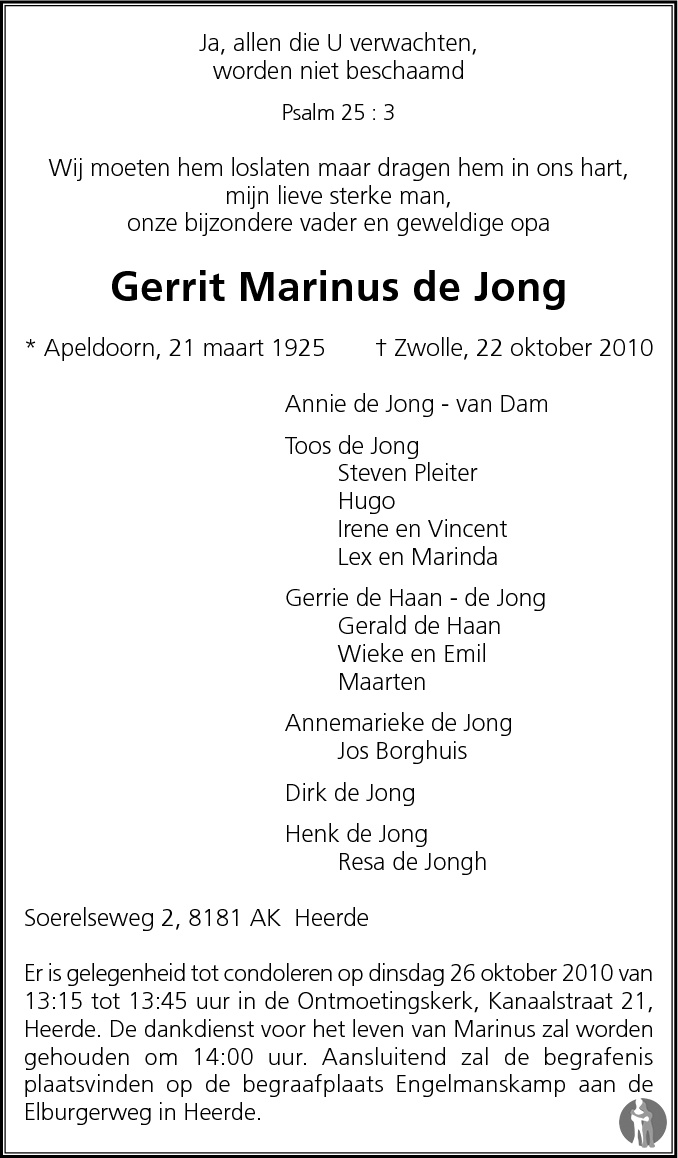 Gerrit Marinus de Jong 22-10-2010 overlijdensbericht en condoleances - Mensenlinq.nl