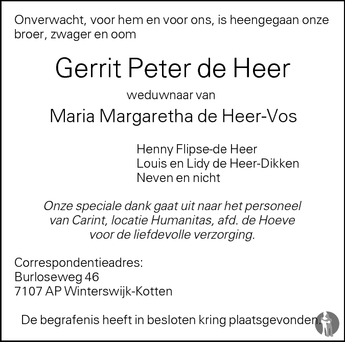 Gerrit Peter de Heer 28-10-2010 overlijdensbericht en condoleances ...