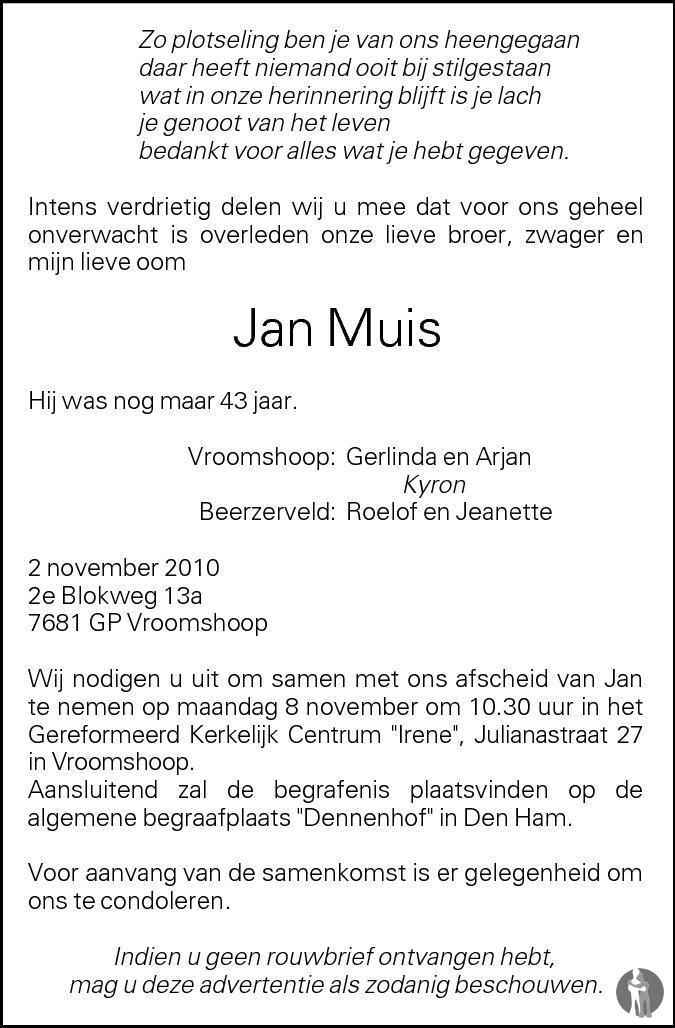 Jan Muis 02-11-2010 overlijdensbericht en condoleances - Mensenlinq.nl