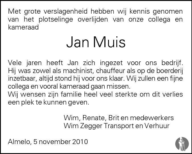 Jan Muis 02-11-2010 overlijdensbericht en condoleances - Mensenlinq.nl