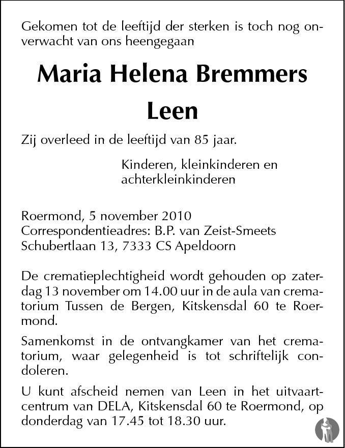 Maria Helena (Leen) Bremmers 05-11-2010 overlijdensbericht en ...