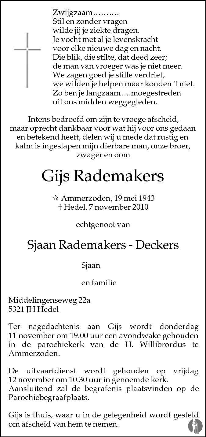 Gijs Rademakers 07-11-2010 overlijdensbericht en condoleances ...
