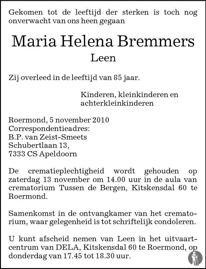 Maria Helena (Leen) Bremmers 05-11-2010 overlijdensbericht en ...