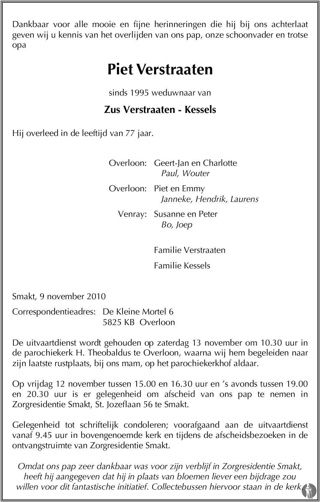 Piet Verstraaten 09-11-2010 overlijdensbericht en condoleances ...