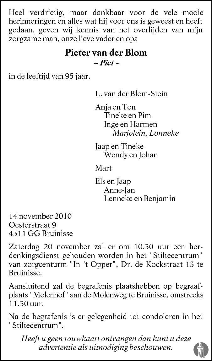 Pieter (Piet) van der Blom 14-11-2010 overlijdensbericht en ...
