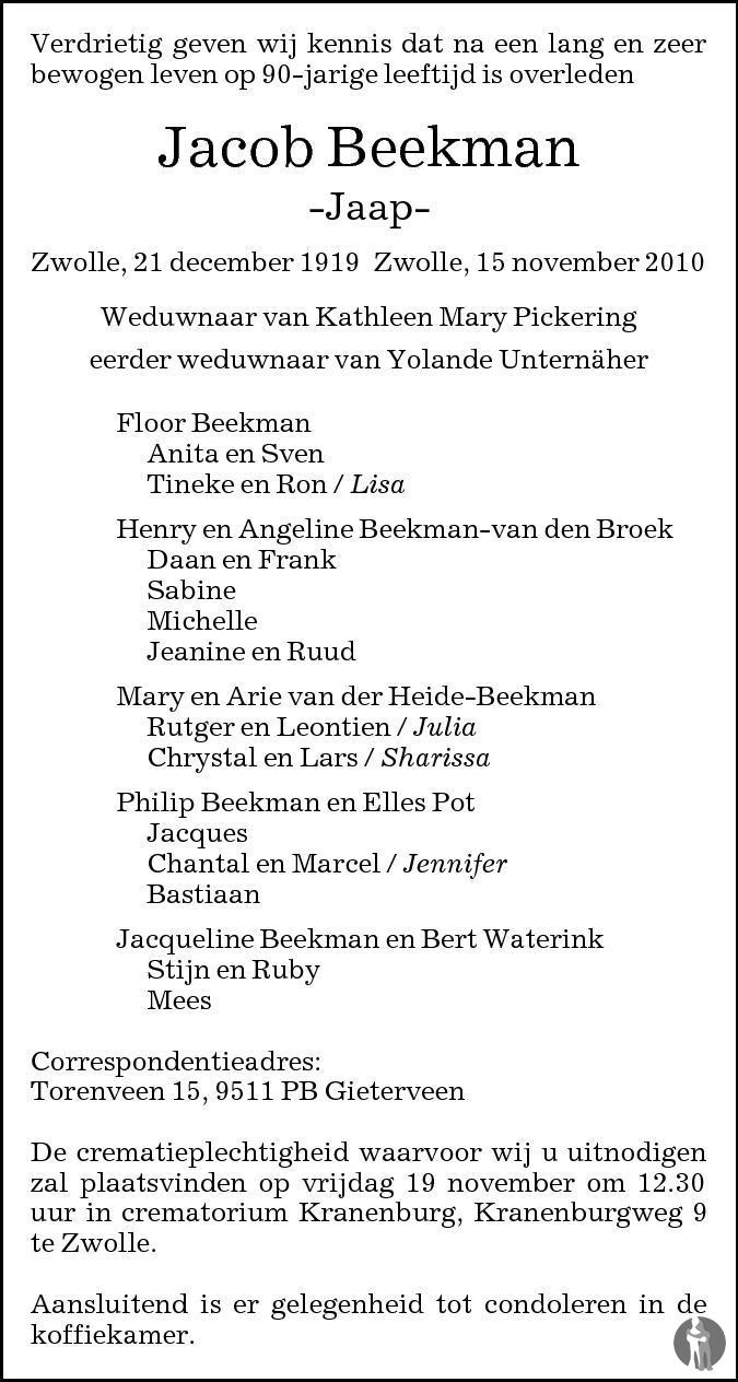 Jacob (Jaap) Beekman 15-11-2010 overlijdensbericht en condoleances ...