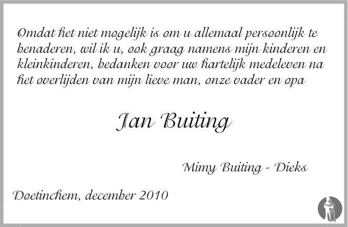Johannes Antonius (Jan) Buiting 09-10-2010 overlijdensbericht en ...