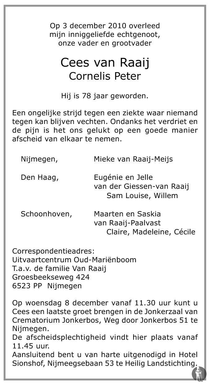 Cornelis Peter (Cees) van Raaij 03-12-2010 overlijdensbericht en ...