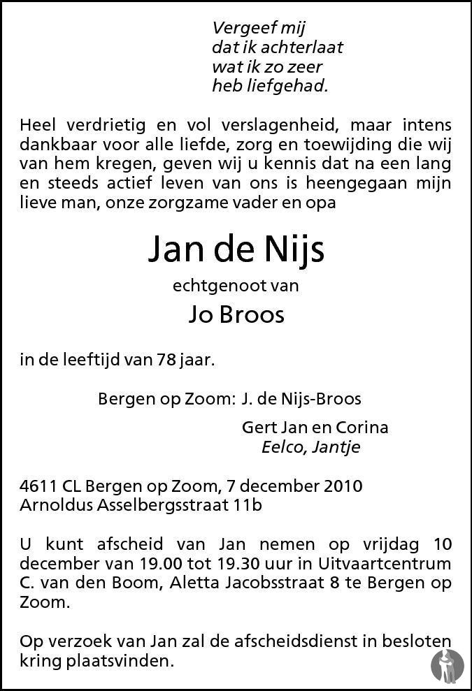 Jan de Nijs 07-12-2010 overlijdensbericht en condoleances - Mensenlinq.nl