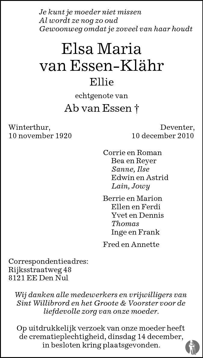 Elsa Maria (Ellie) van Essen - Klähr 10-12-2010 overlijdensbericht en ...