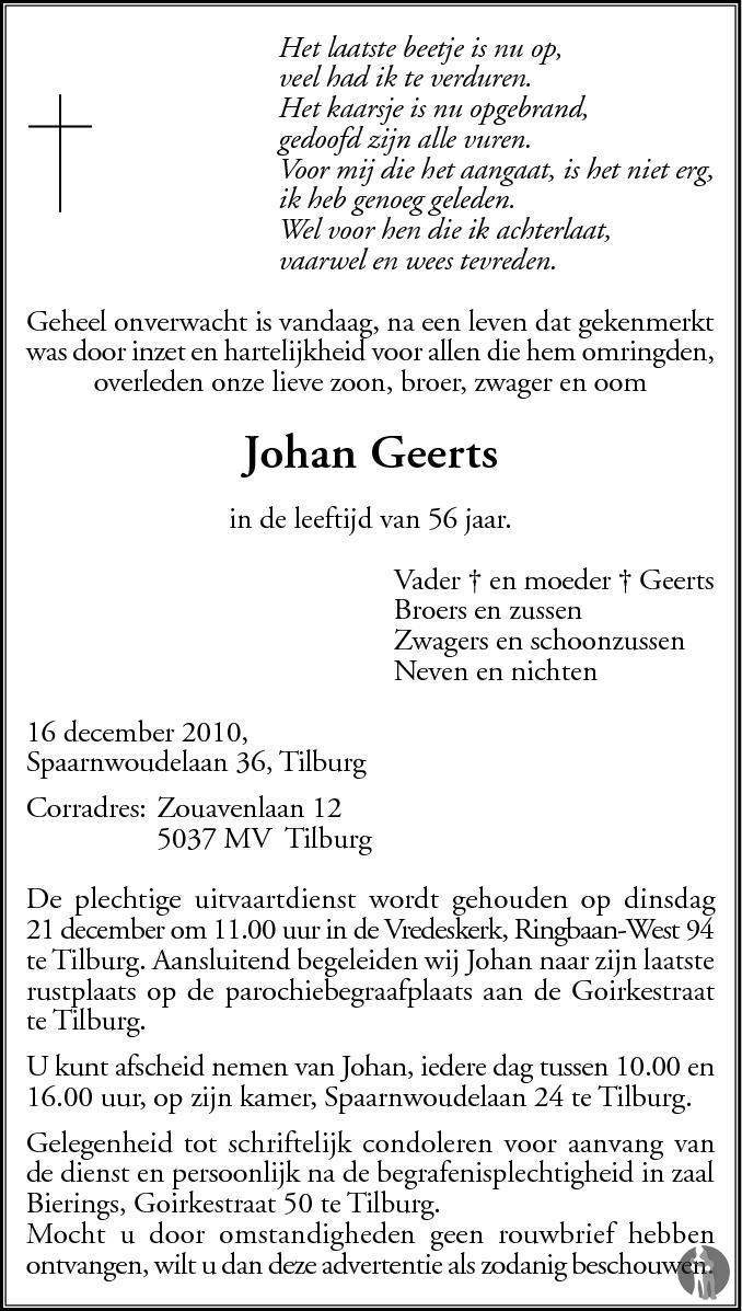 Johan Geerts 16-12-2010 overlijdensbericht en condoleances - Mensenlinq.nl