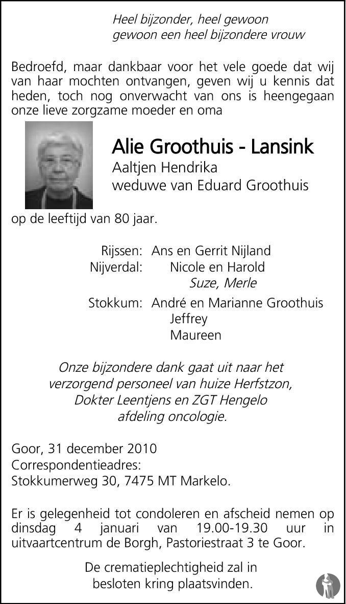 Aaltjen Hendrika (Alie) Groothuis - Lansink 31-12-2010 ...