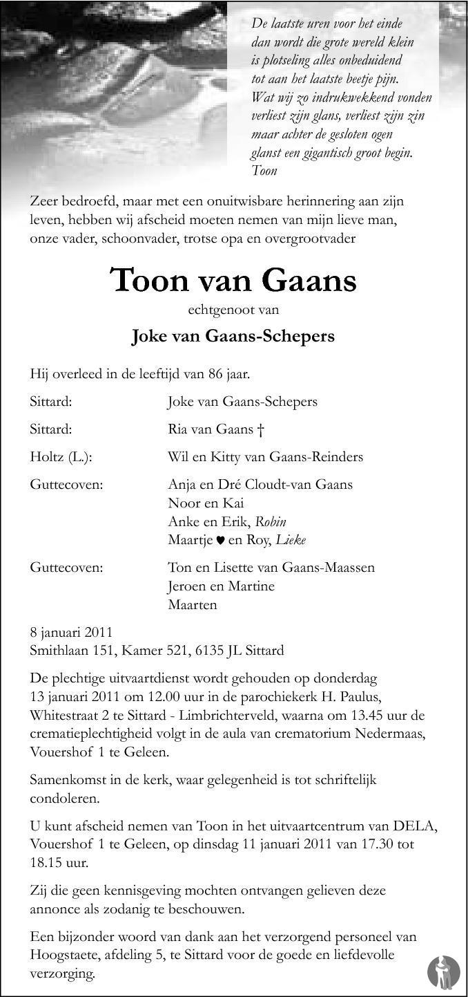 Toon van Gaans 08-01-2011 overlijdensbericht en condoleances ...